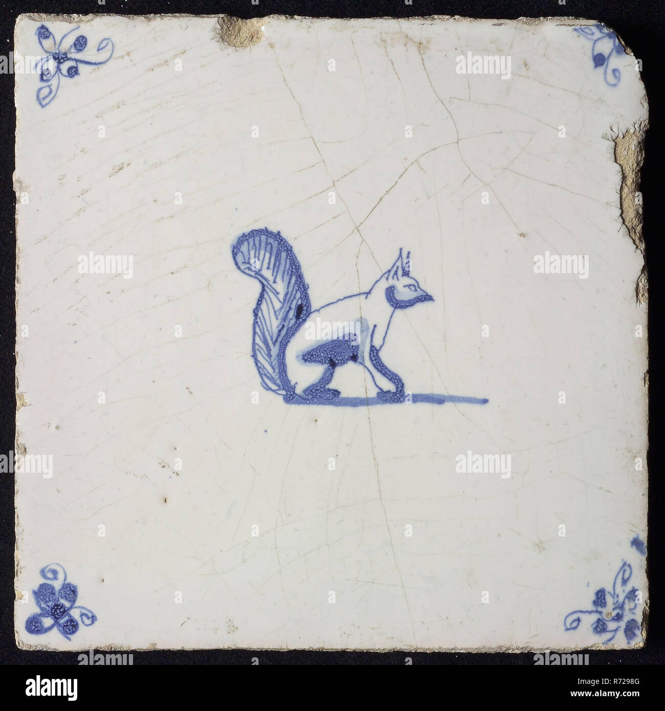 Animal tile, sitting squirrel to the right, in blue on white, corner ...