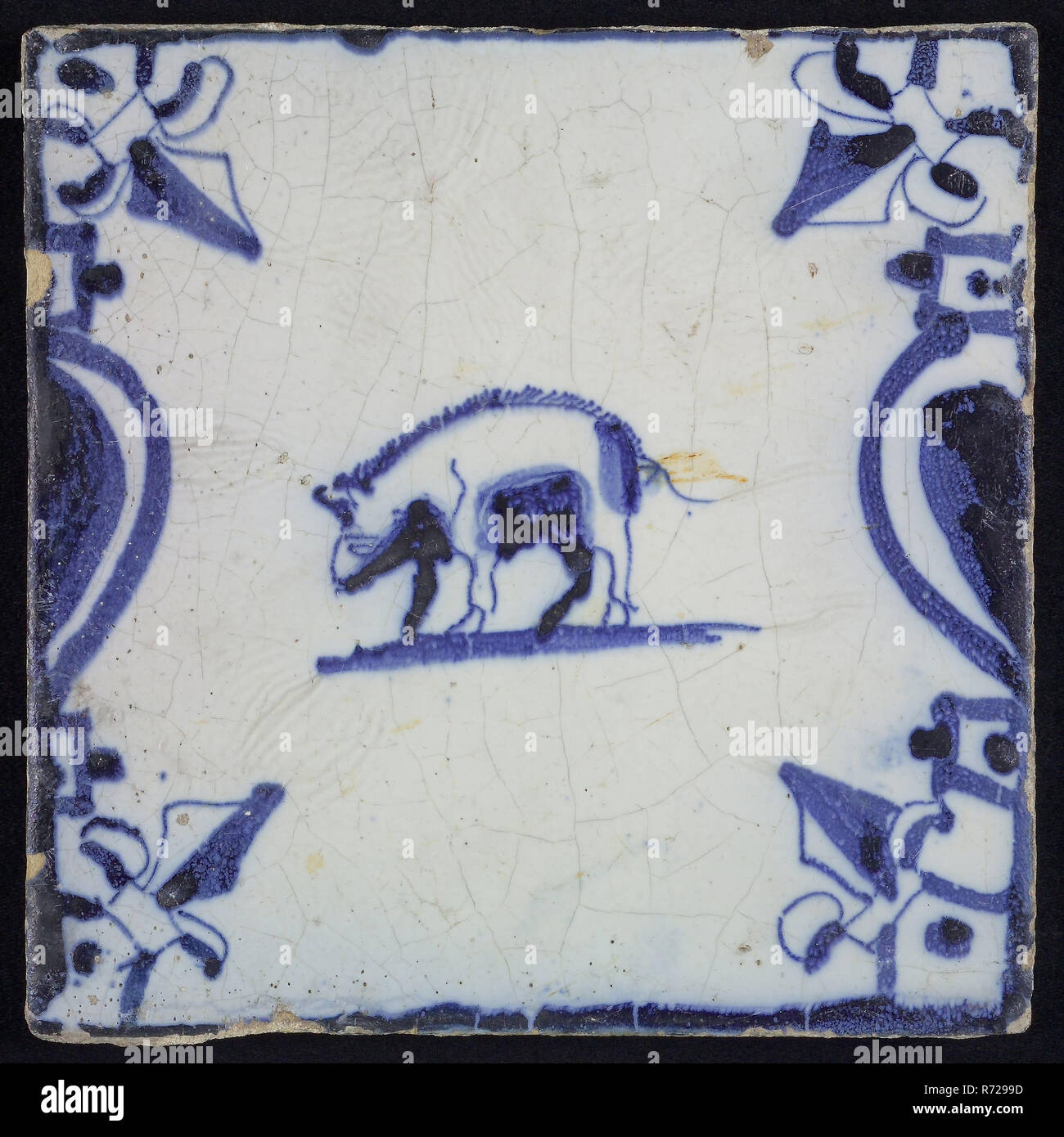 Animal tile, standing boar to the left between balusters, in blue on ...