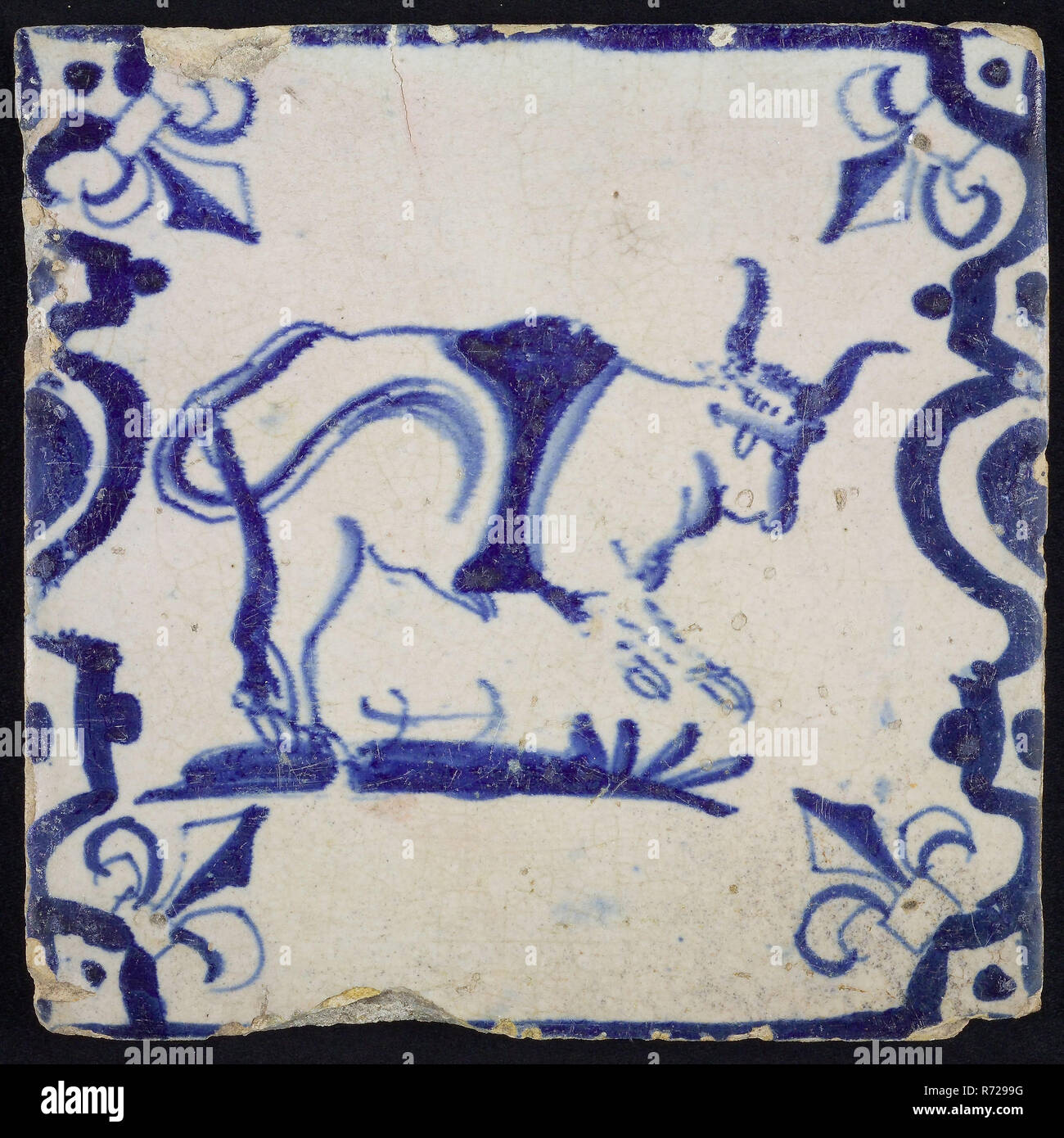Animal tile, jumping bull to the right on ground between balusters, in ...