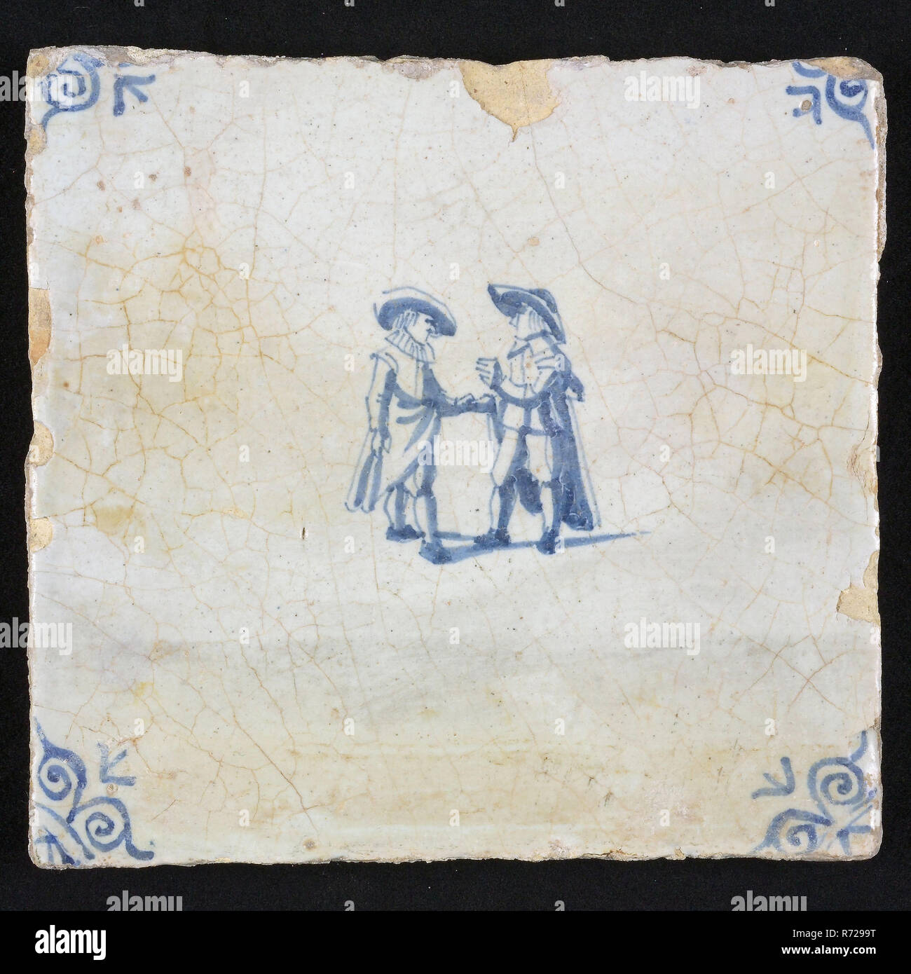 Figure tile, blue with two noblemen in conversation, corner motif ox's ...