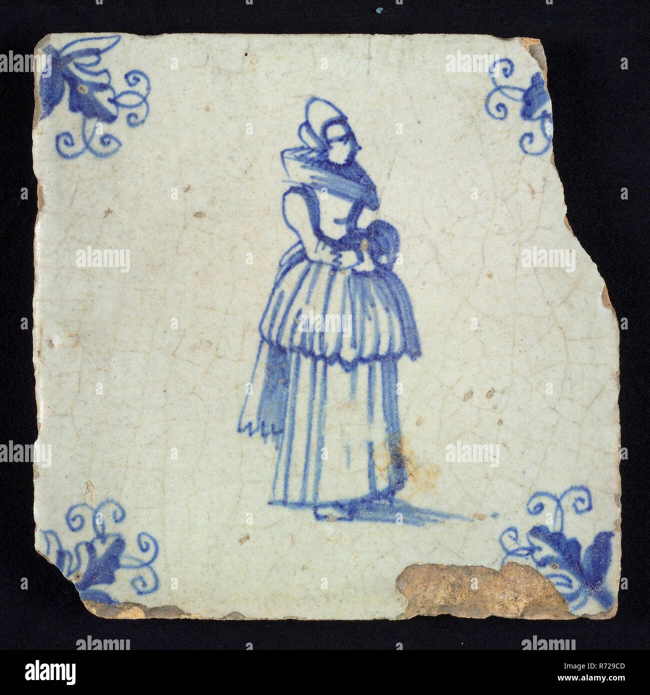 Figure tile, blue with standing lady with millstone collar and included ...