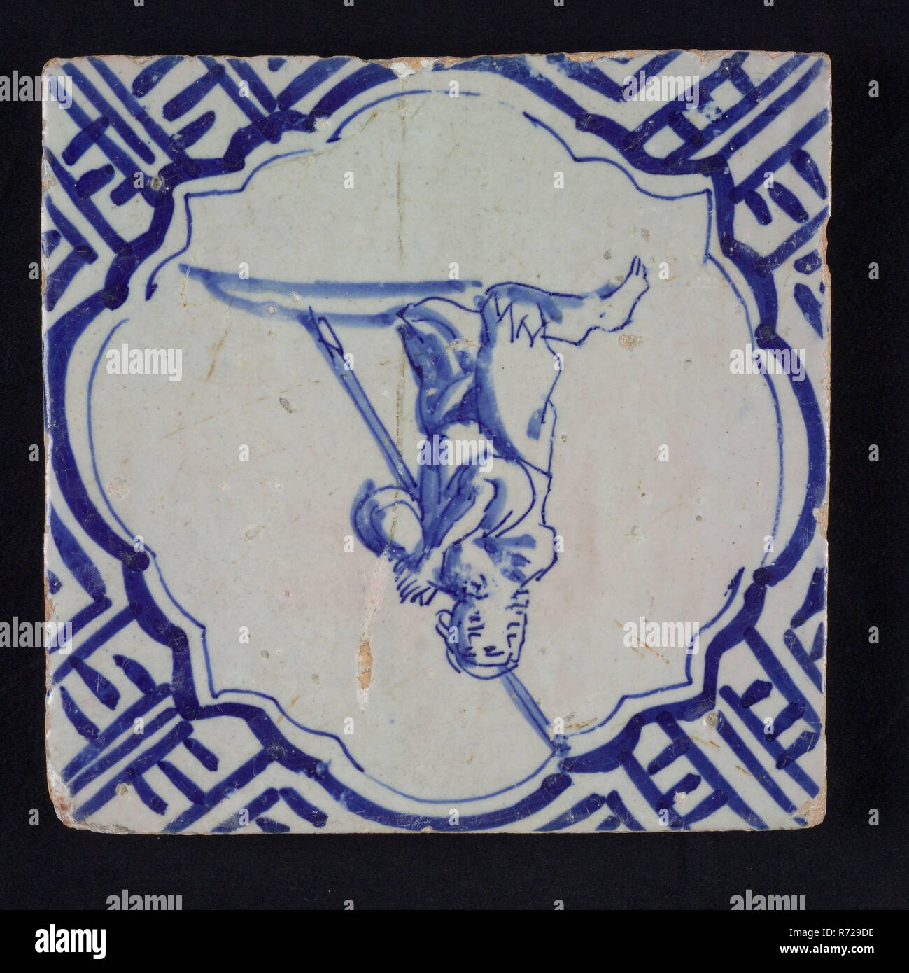 Figure tile, blue with man on the knees, pleading or praying, in ...
