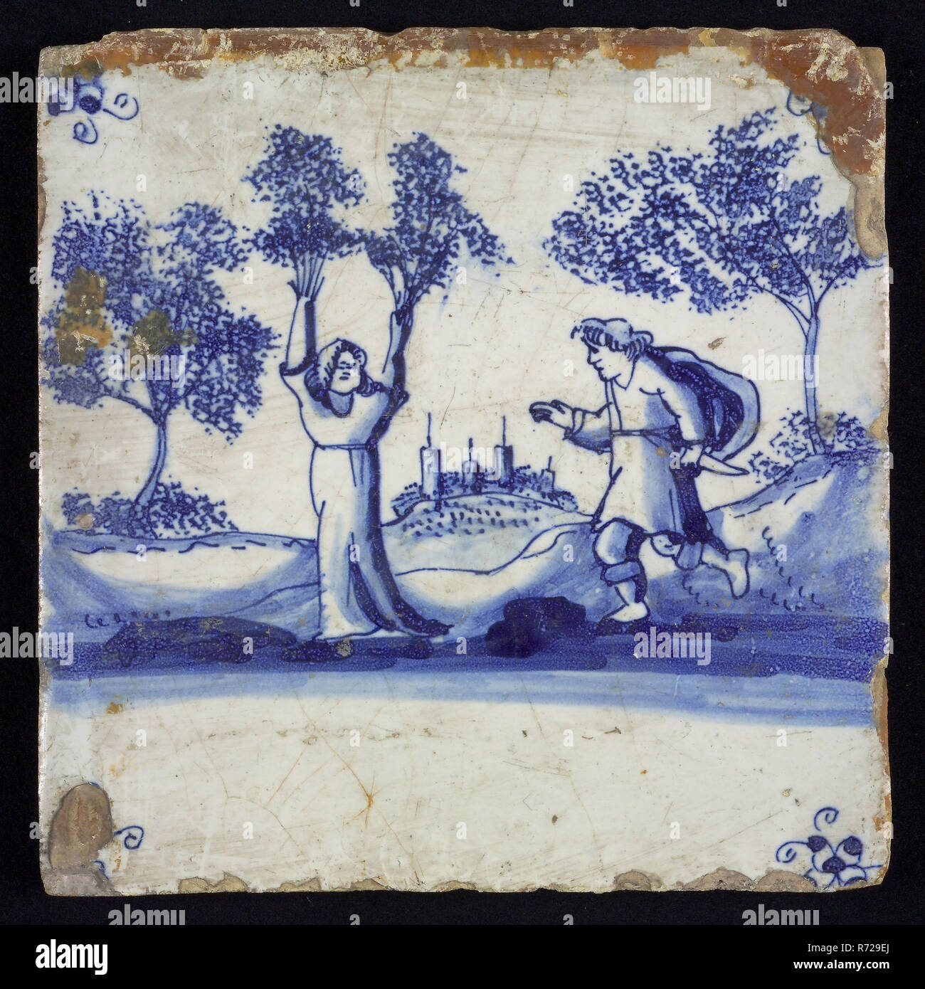Figure tile, blue with landscape with shepherd scenes with mythological ...