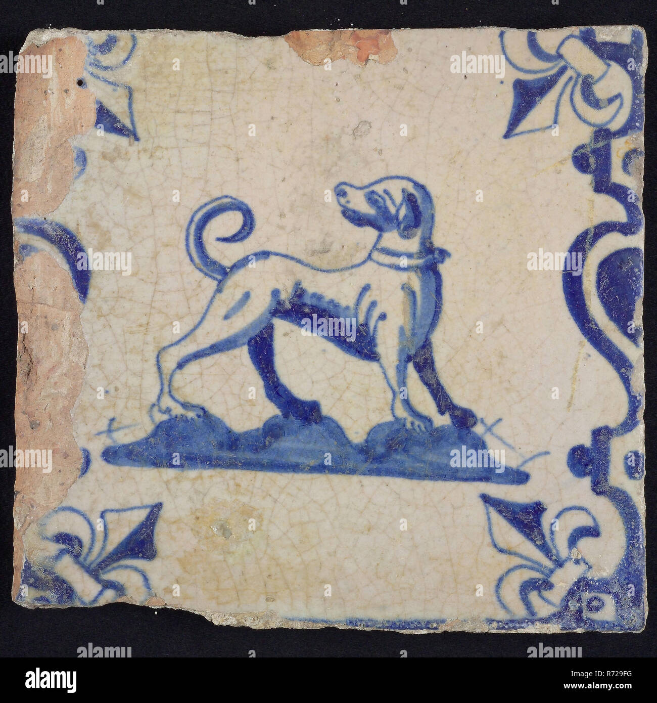 Animal tile, looking back standing dog on the right on ground between ...