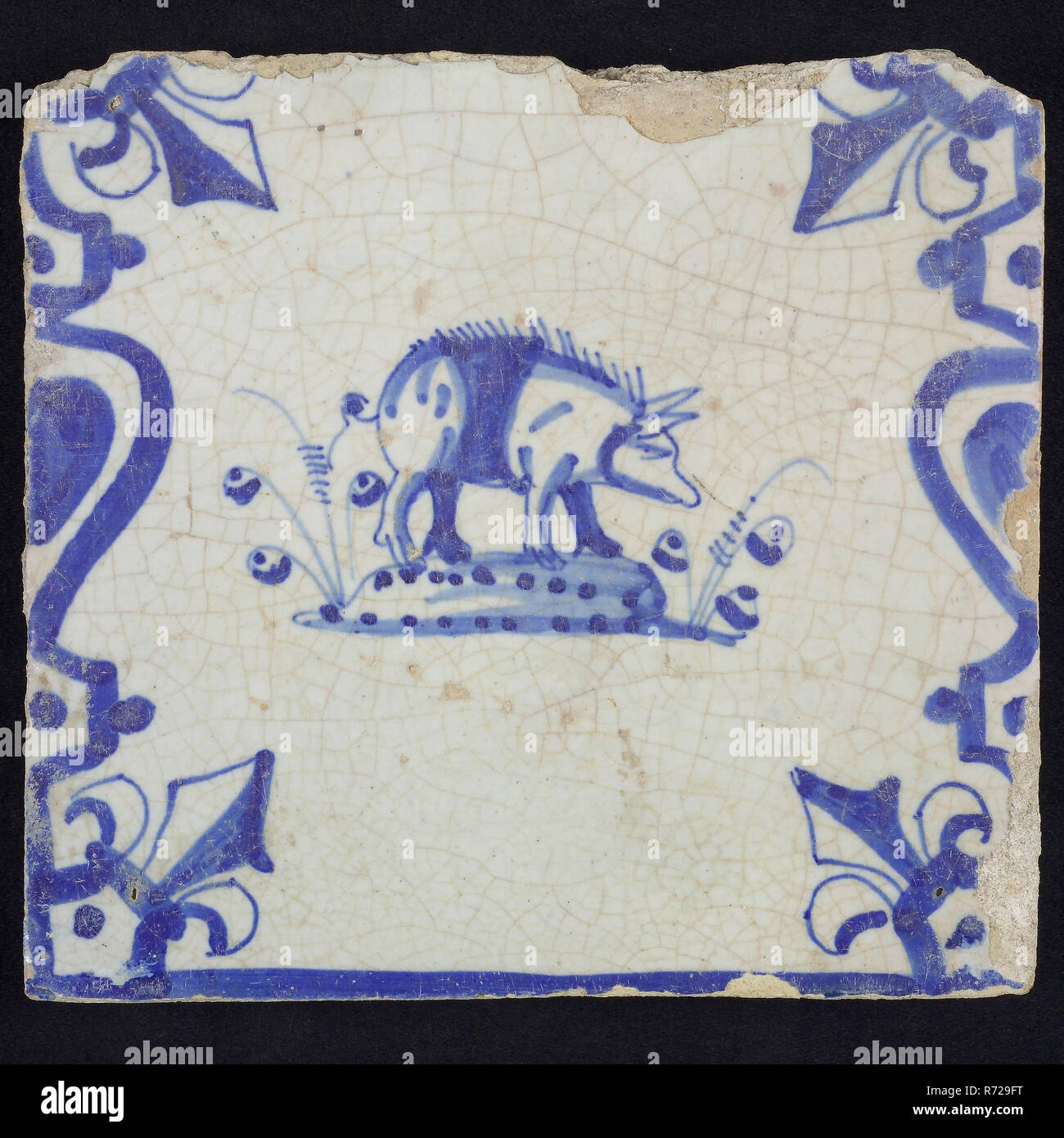 Animal tile, standing boar or pig to the right on plot between ...