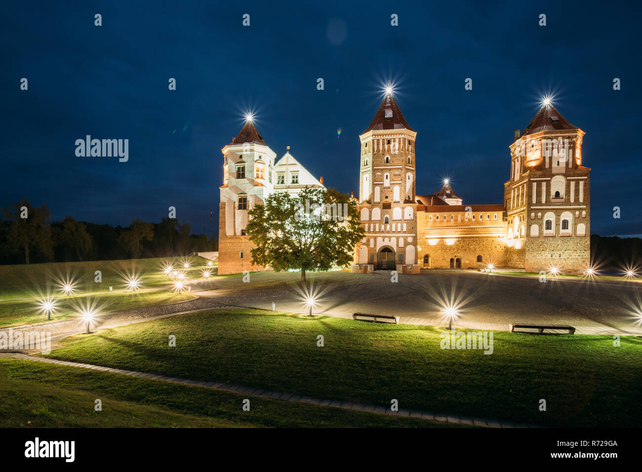 Mir, Belarus. Mir Castle Complex In Evening Illumination Lighting ...