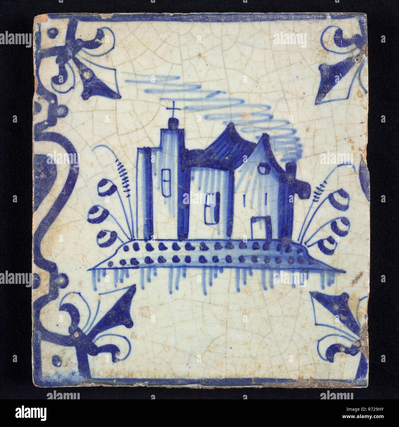 Scene tile, blue with landscape with monastery, between balusters ...