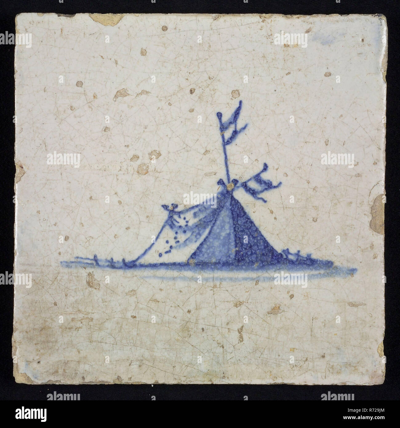 Scene tile, blue with sketch of tent with flags, no corner motif, wall ...