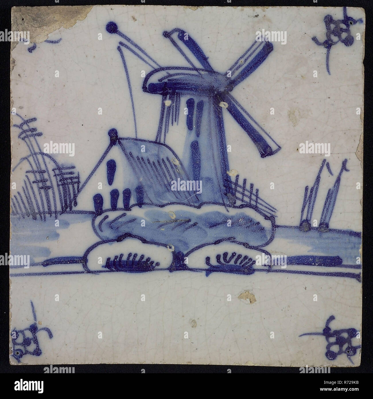 Scene tile, blue with landscape with mill and house, corner motif spider, wall tile tile ...