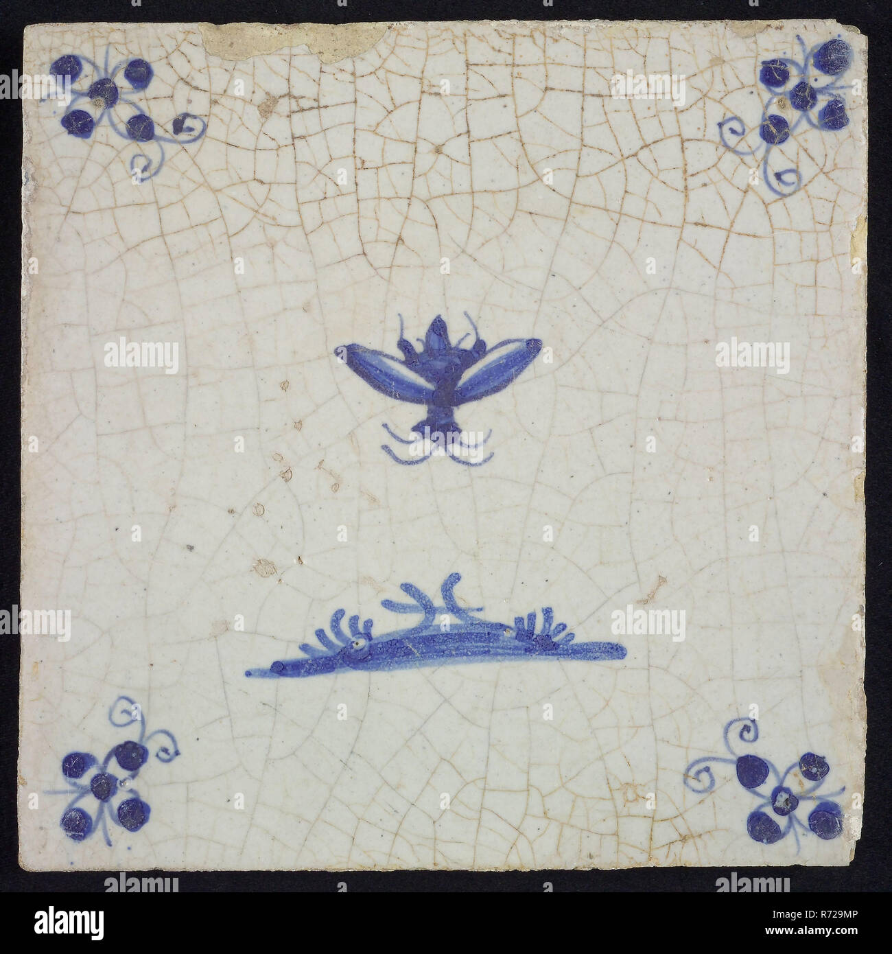Animal tile, flying insect above ground, in blue on white, corner motif ...