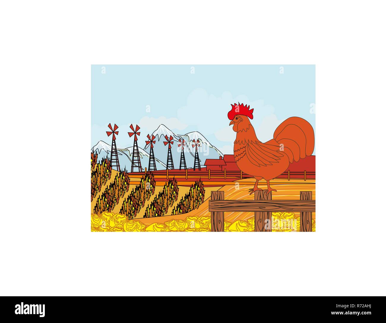 Farm scene with a rooster crowing Stock Vector Image & Art - Alamy