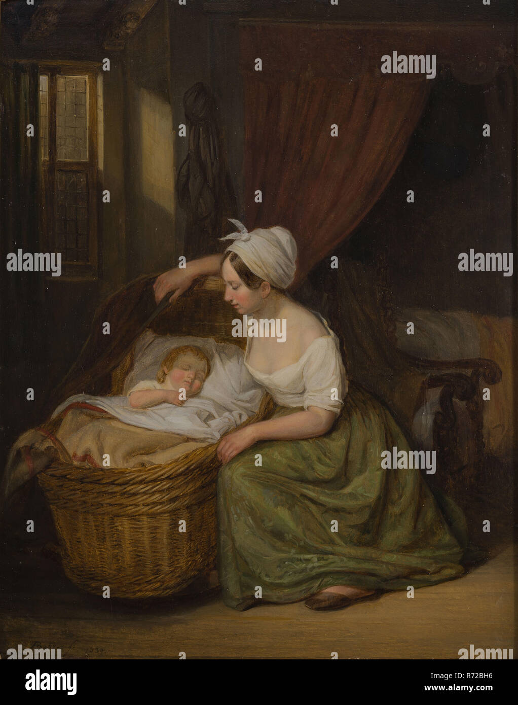 Arend Bakker, Portrait of an unknown mother at the cradle of her child ...
