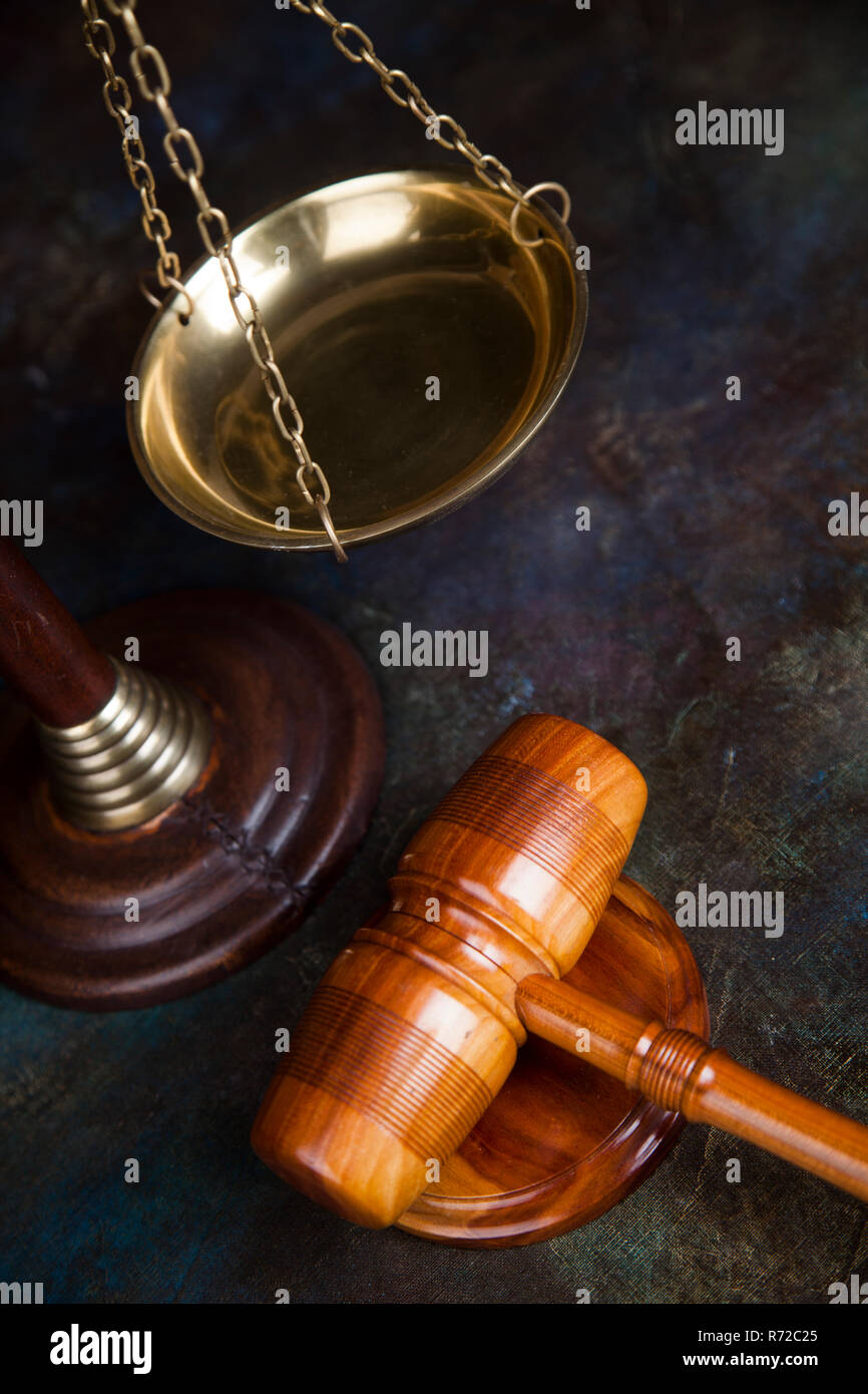 Law theme, mallet of the judge, wooden desk background Stock Photo - Alamy