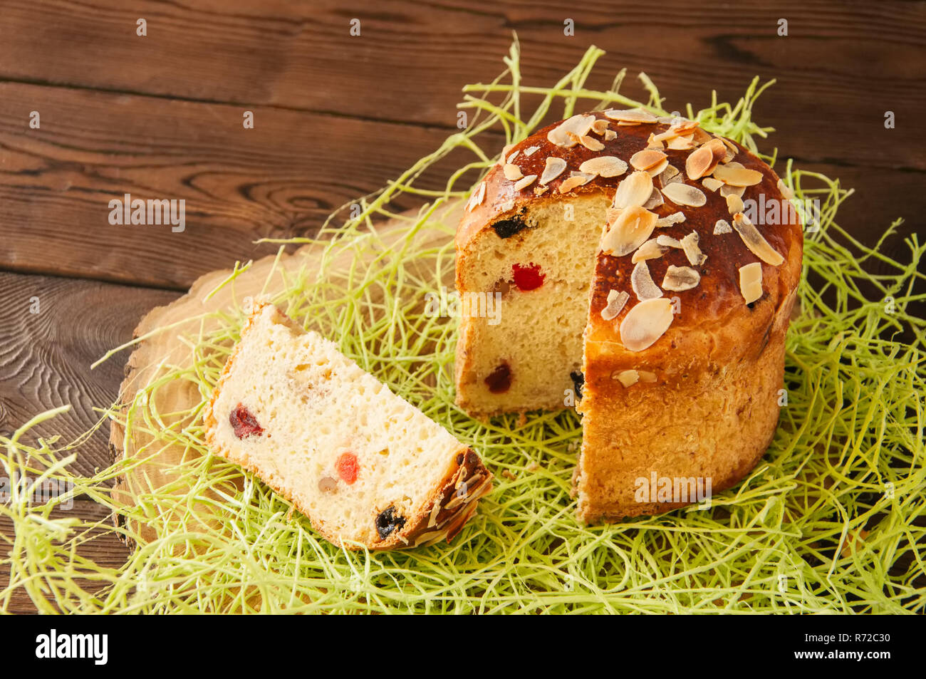 Easter orthodox sweet bread, slice of cottage cheese kulich Stock Photo ...