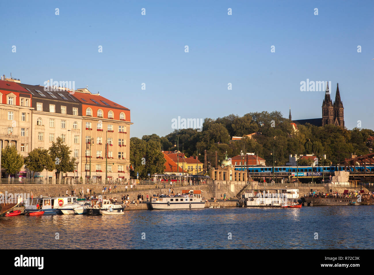 Prague, Czech Republic - July 14 2018: The embankment of the river ...