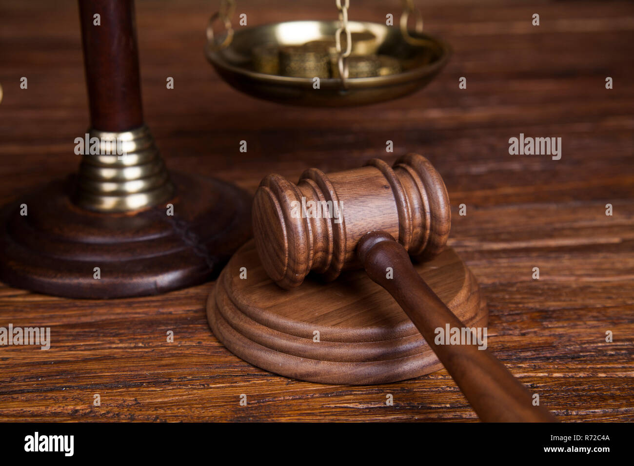 Law theme, mallet of the judge, wooden desk background Stock Photo - Alamy