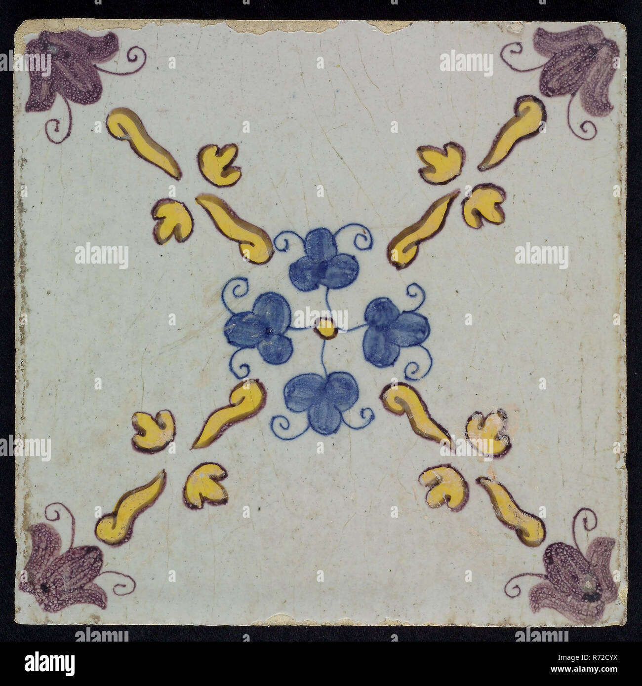 F.J. Kleyn, Ornament tile, clovers, Rotterdammer cross rose, corner ...