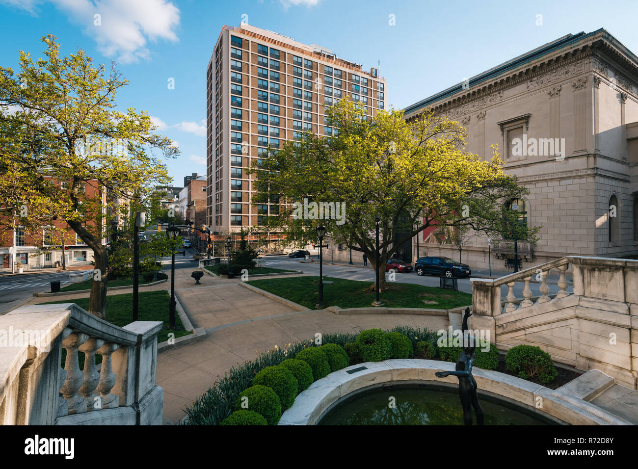 Fountain and gardens at Mount Vernon Place, in Baltimore, Maryland ...