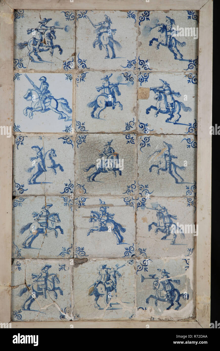 Tile field, fifteen tiles, blue on white, riders, corner motif of ox's ...