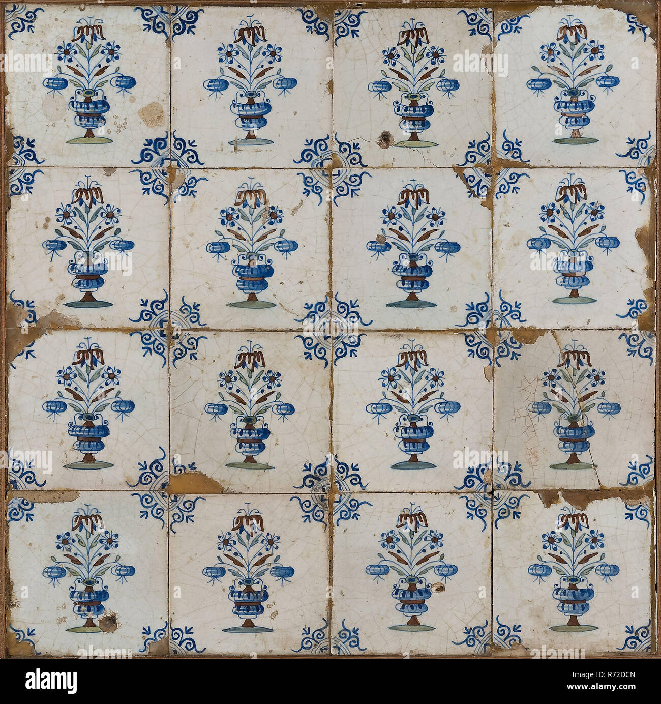 Tile field of sixteen pieces, four high, four wide; flower vase, corner ...