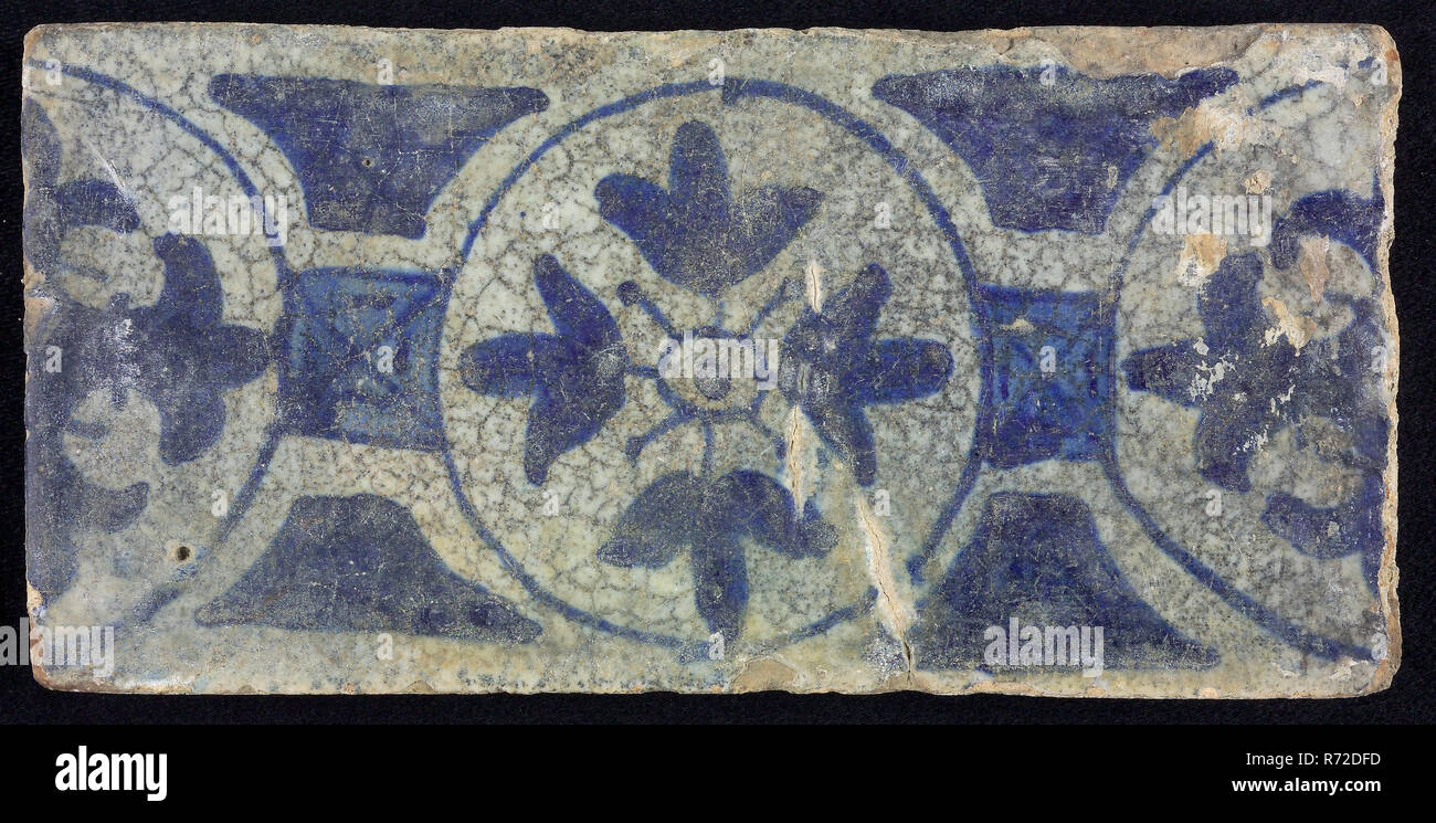Border tile, blue, decoration with circles and flowers, border tile ...