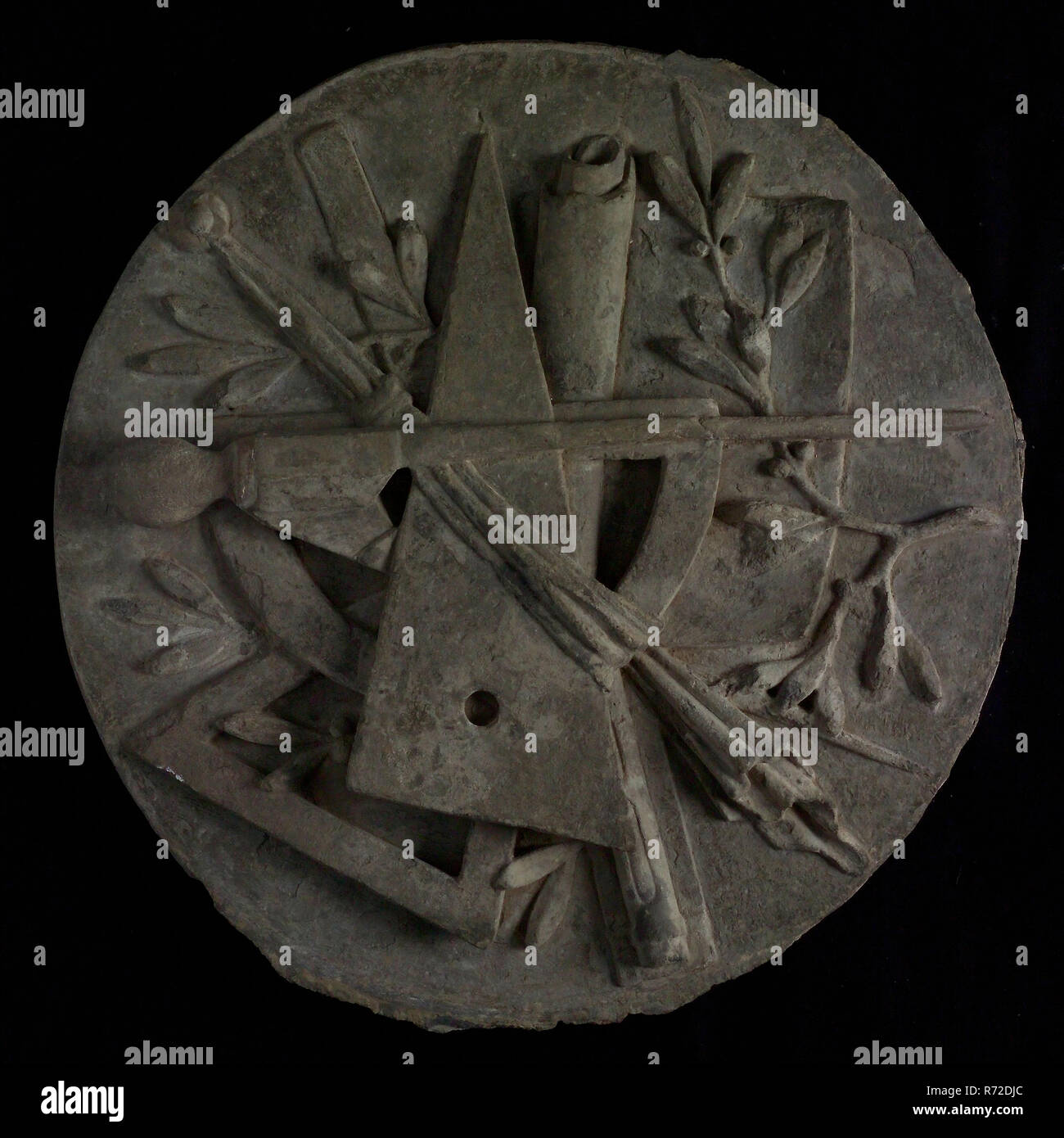 Round plaque with carved masonic symbols: compass, square, triangle and ...