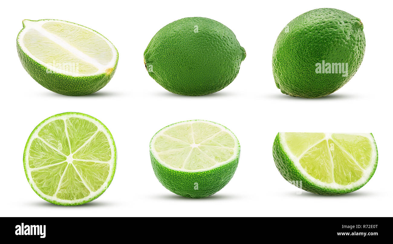 Collection fresh lime, whole, cut in half, slice isolated on white ...