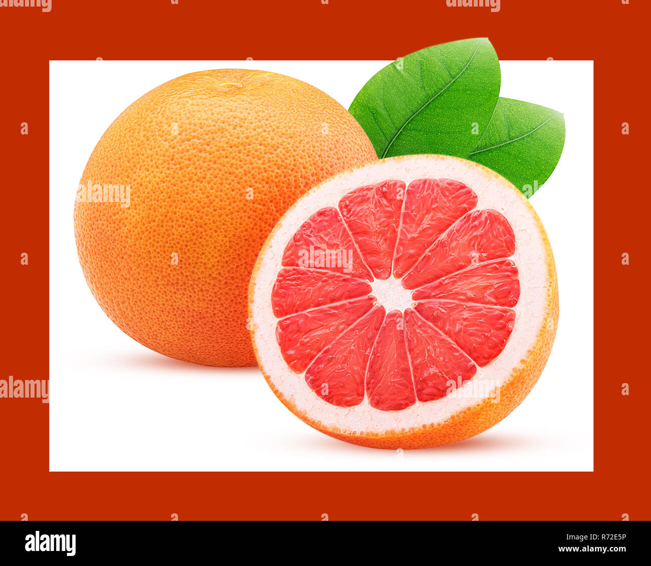 Grapefruit citrus fruit. One and a half. with leaf in orange frame ...