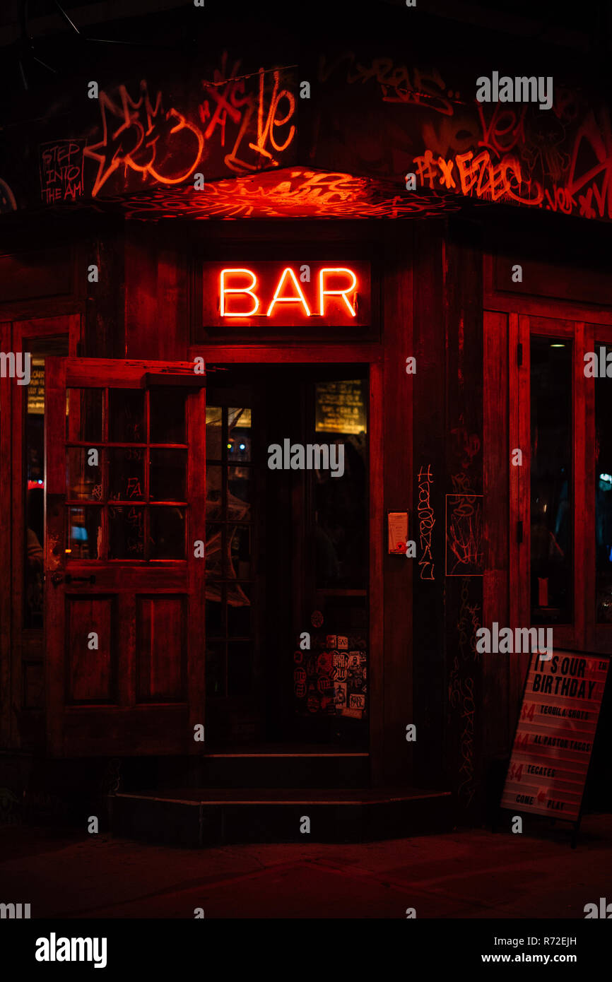 Bar neon sign in the East Village, Manhattan, New York City Stock Photo ...