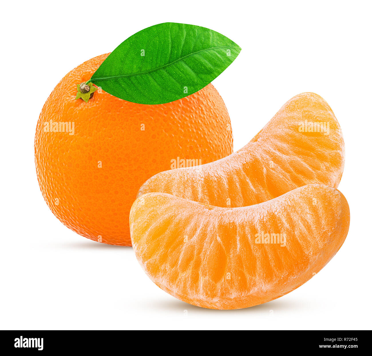 Fresh mandarin with leaf and two slice isolated on white background ...