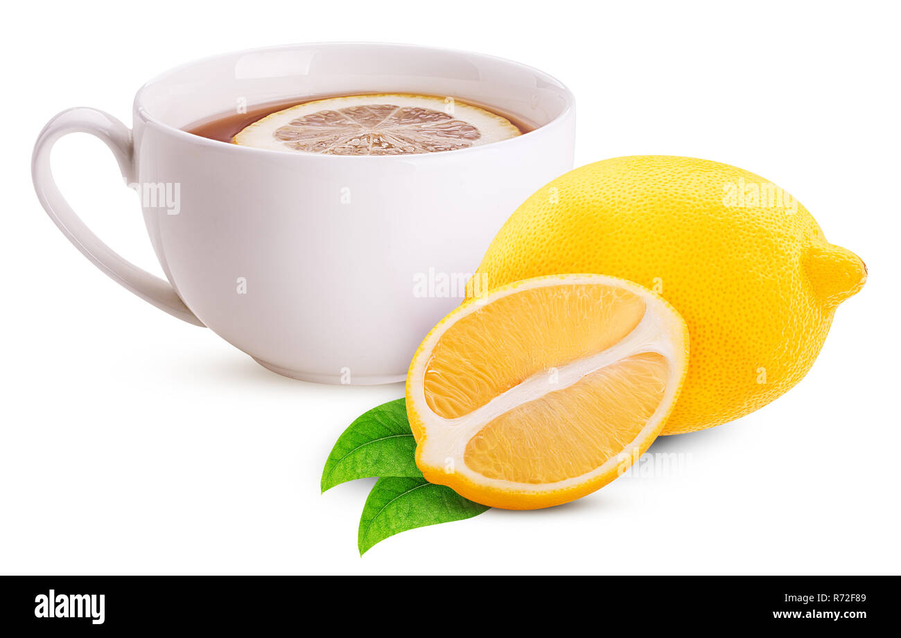 Hot black tea with lemon one cut in half and slice with leaf isolated ...