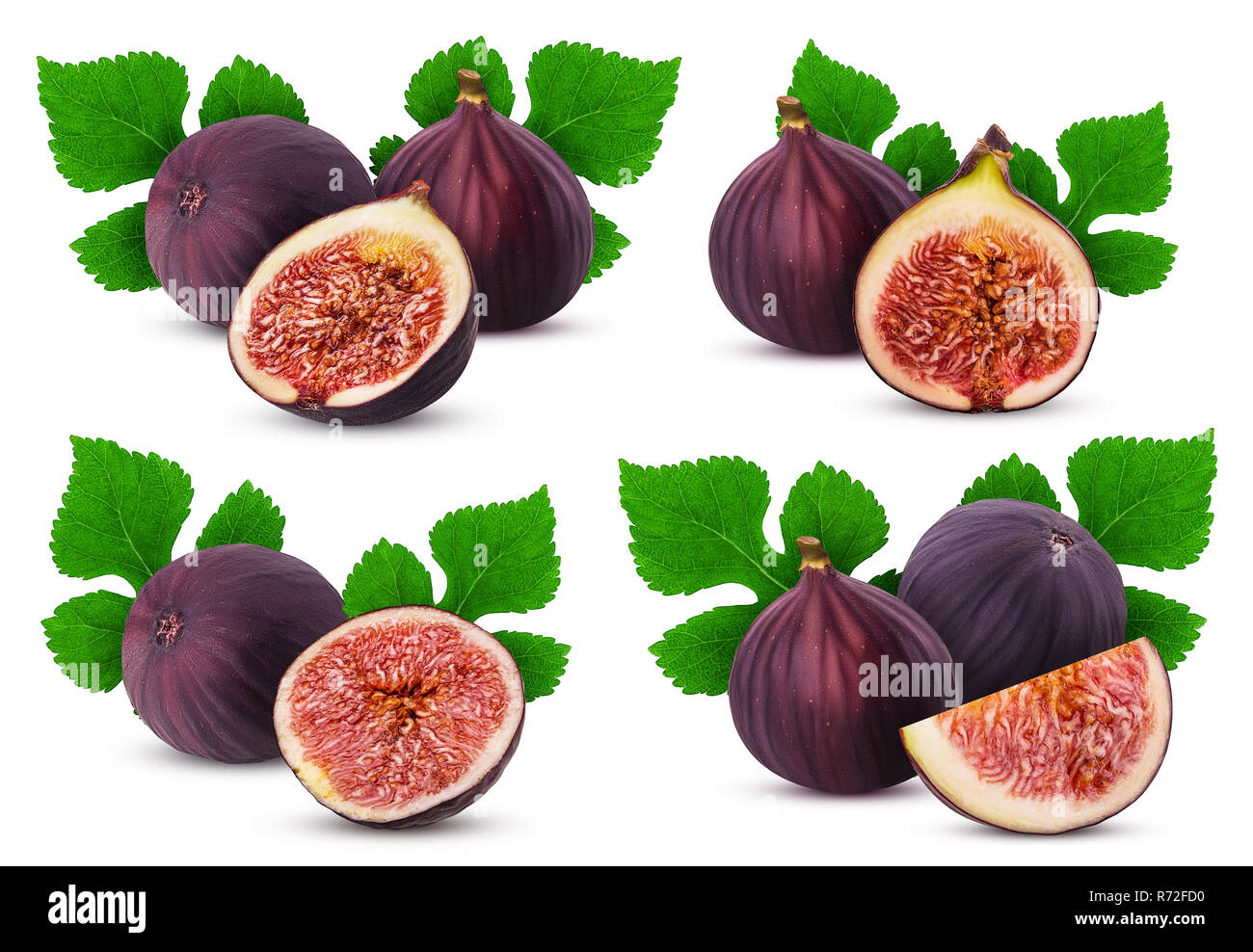 Collections fresh figs fruit, whole, slice, cut in half with leaf ...
