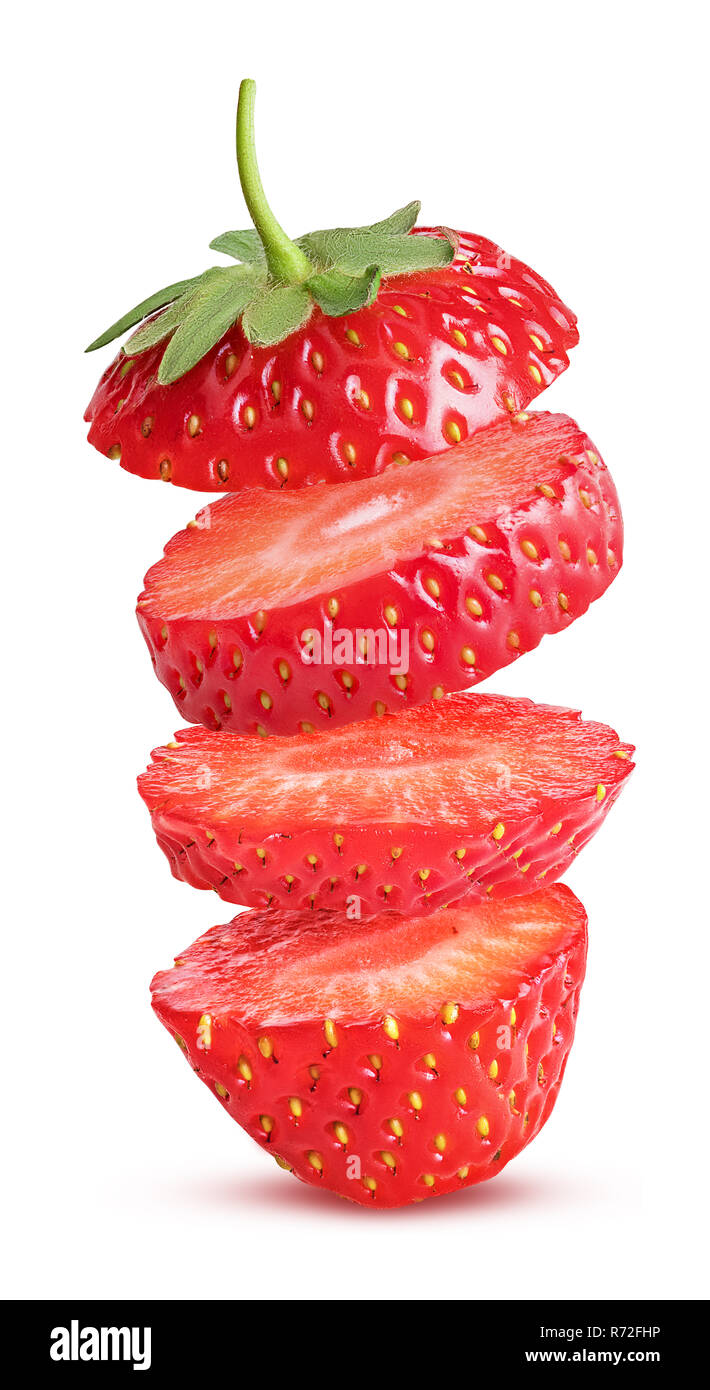 Strawberry slices flying in the air isolated on white background ...