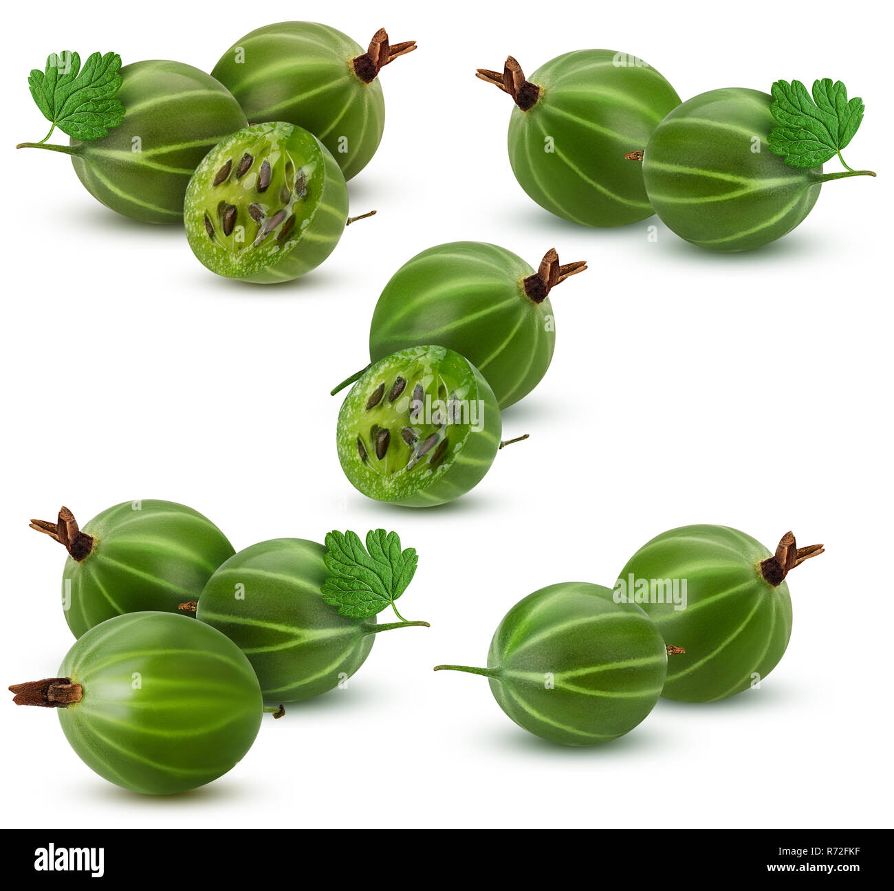 Collection ripe green gooseberry whole, cut in half with leaf isolated ...