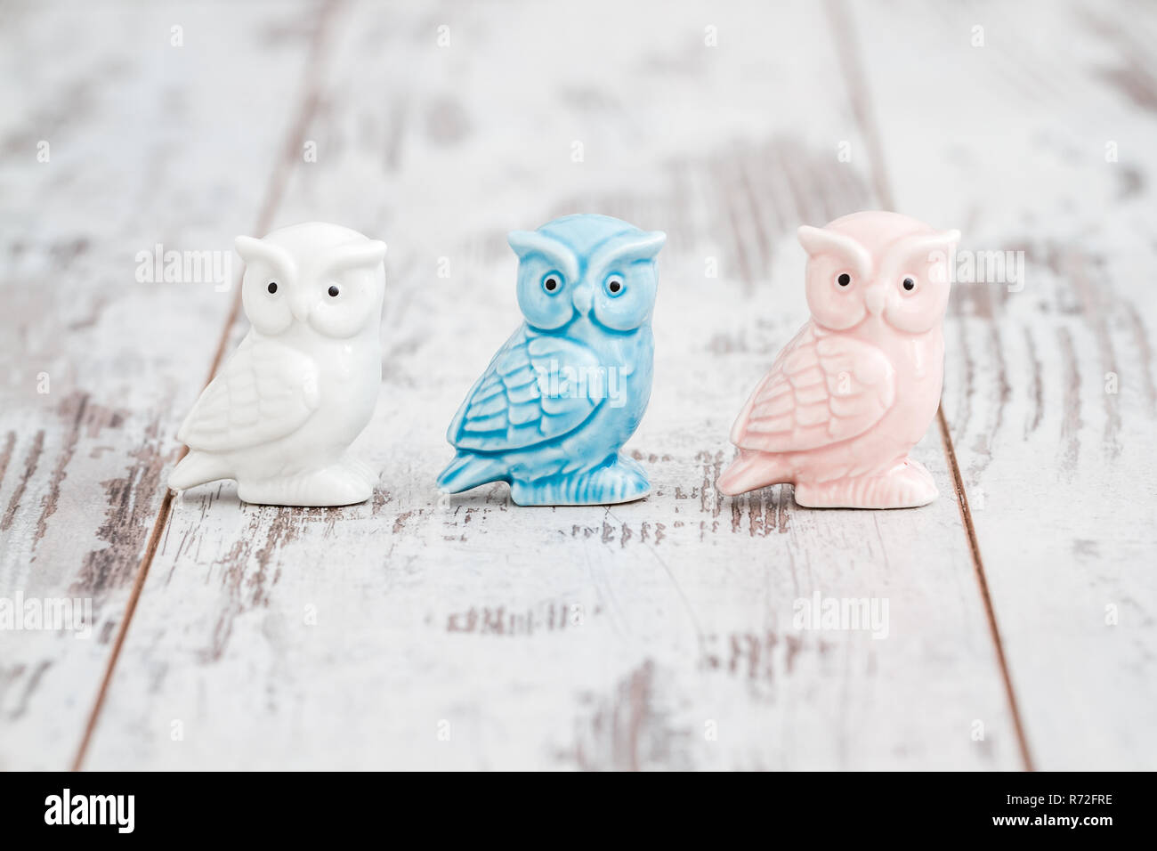 Porcelain Owl Figurines on White Wooden Background Stock Photo - Alamy