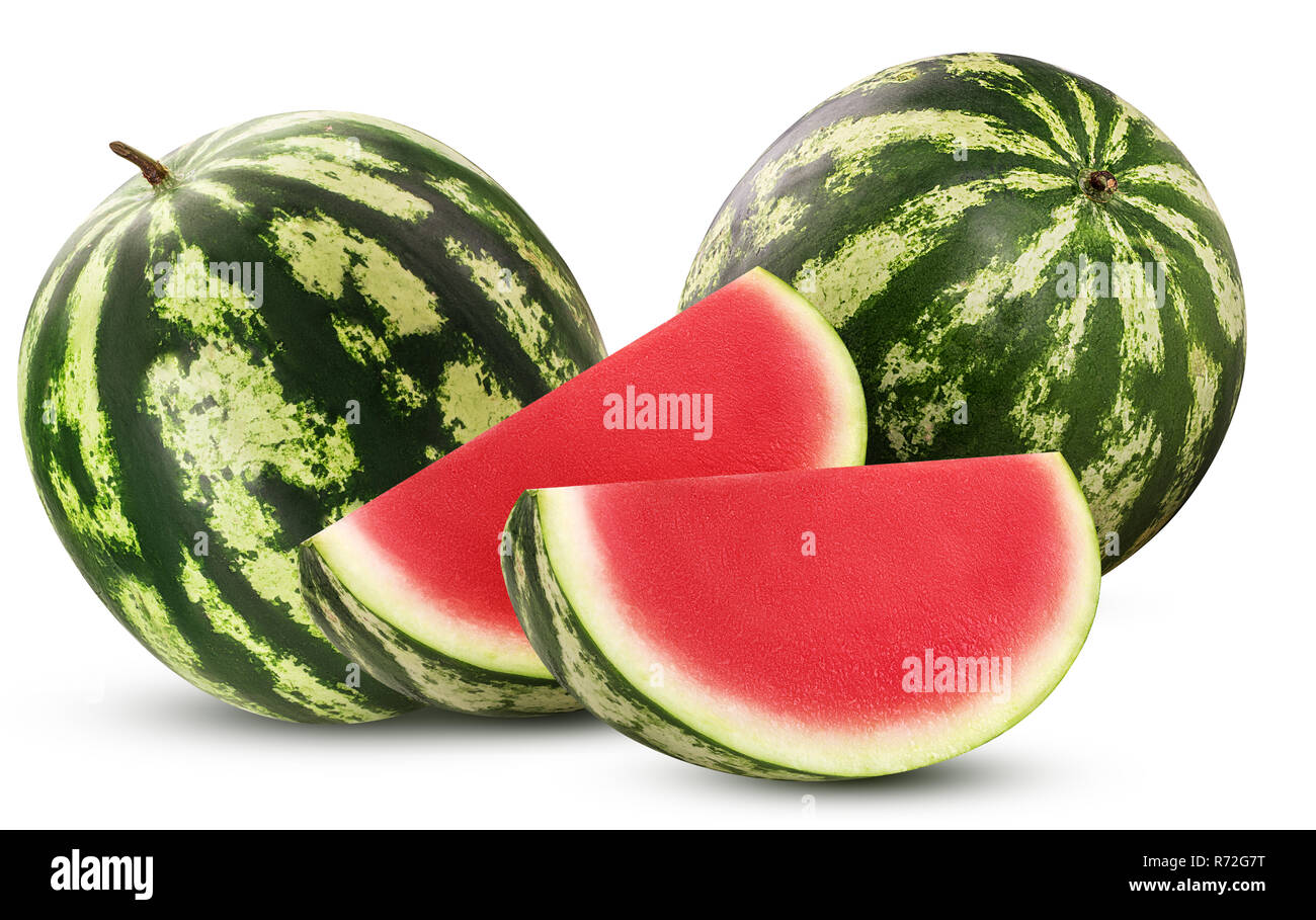 Ripe two whole watermelon without ossicle with slice isolated on white ...