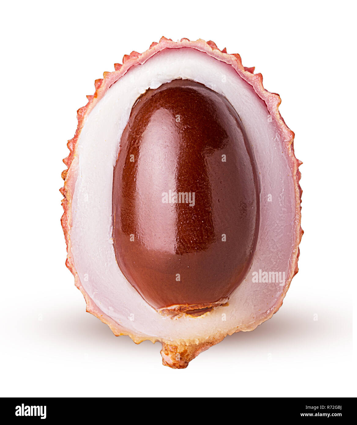 Fresh lychee cut in half woth bone isolated on white background ...