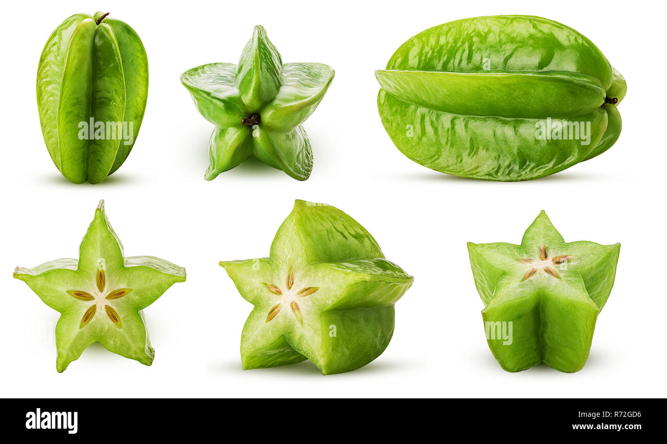 Set green star fruit carambola, whole, cut in half isolated on white ...