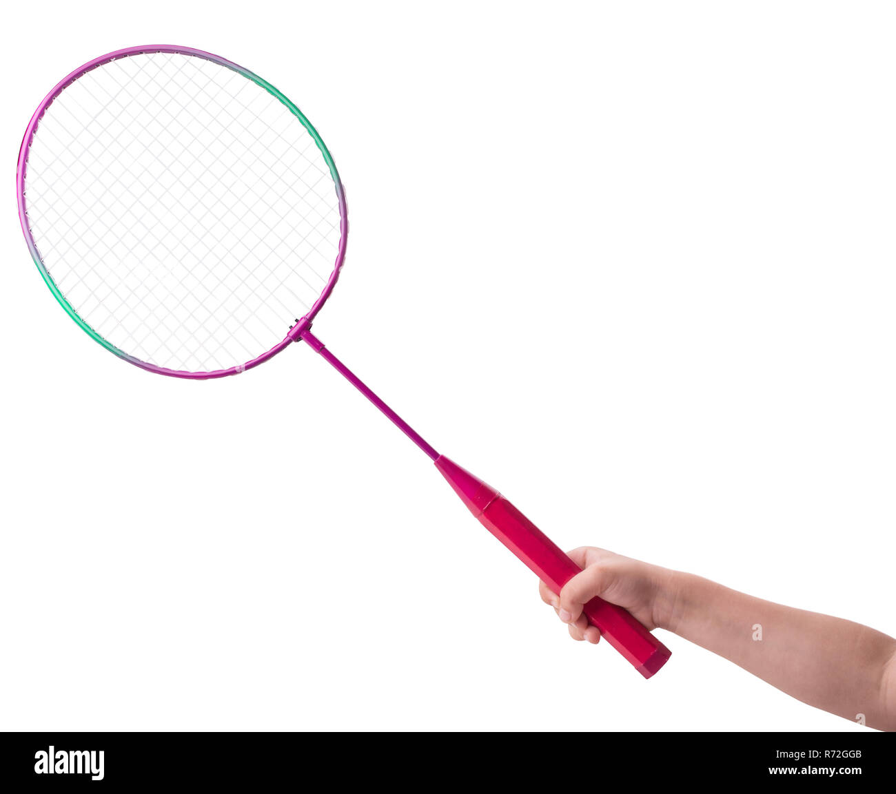 Badminton rackets in children hands isolated on white background ...