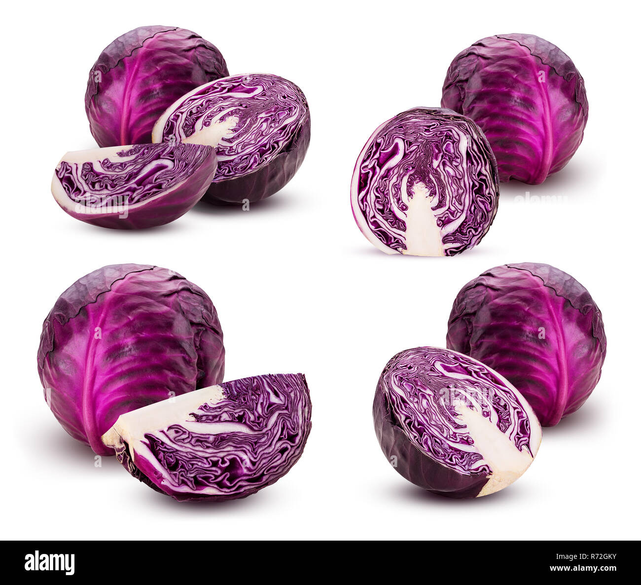Collections red cabbage whole, cut in half, slice isolated on white ...