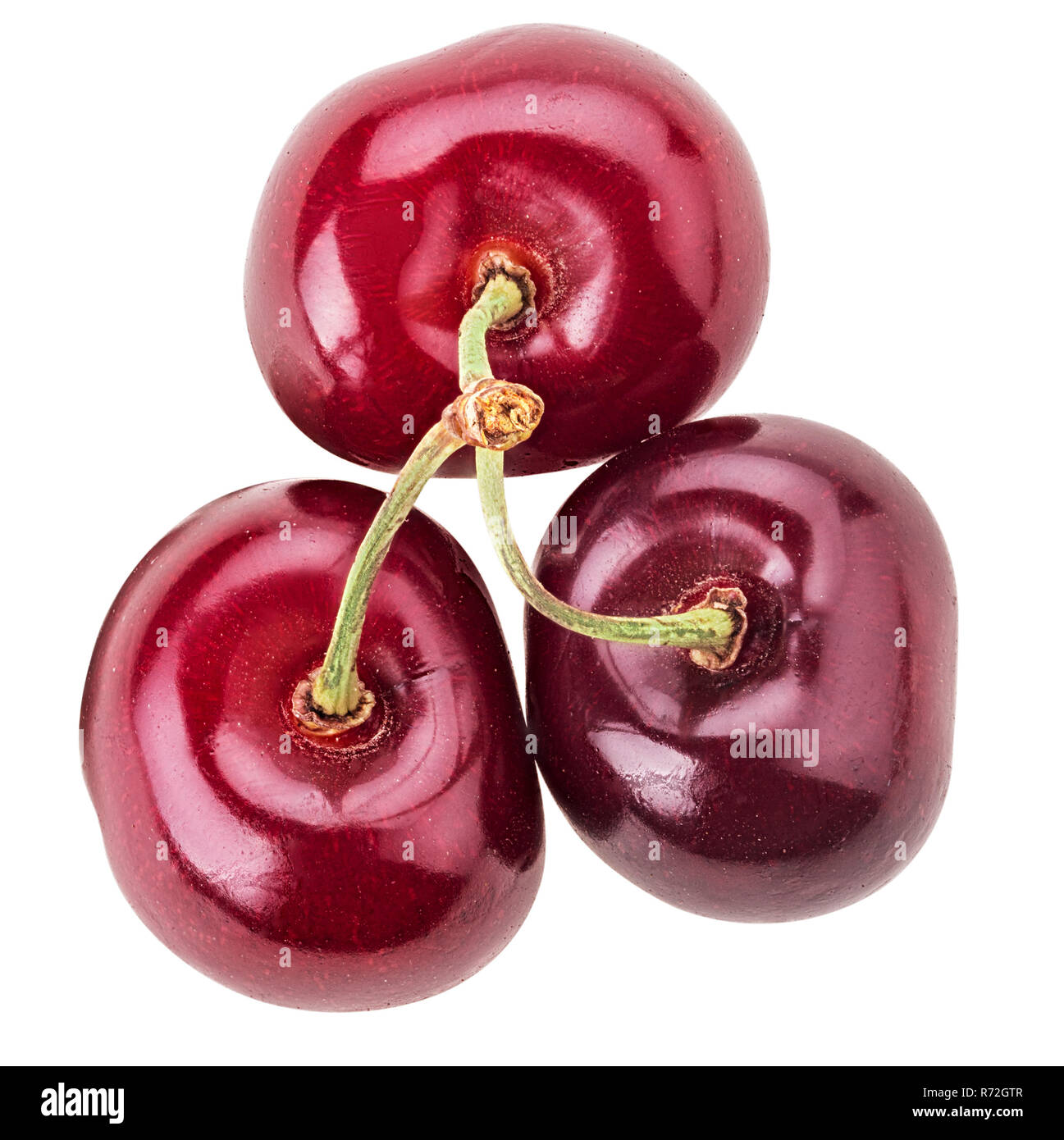 Three red cherry view from above isolated on white background. Clipping ...
