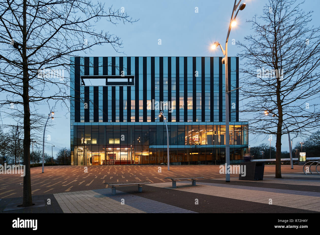 Dawn over the Cube glass Council office building at Corby, England ...