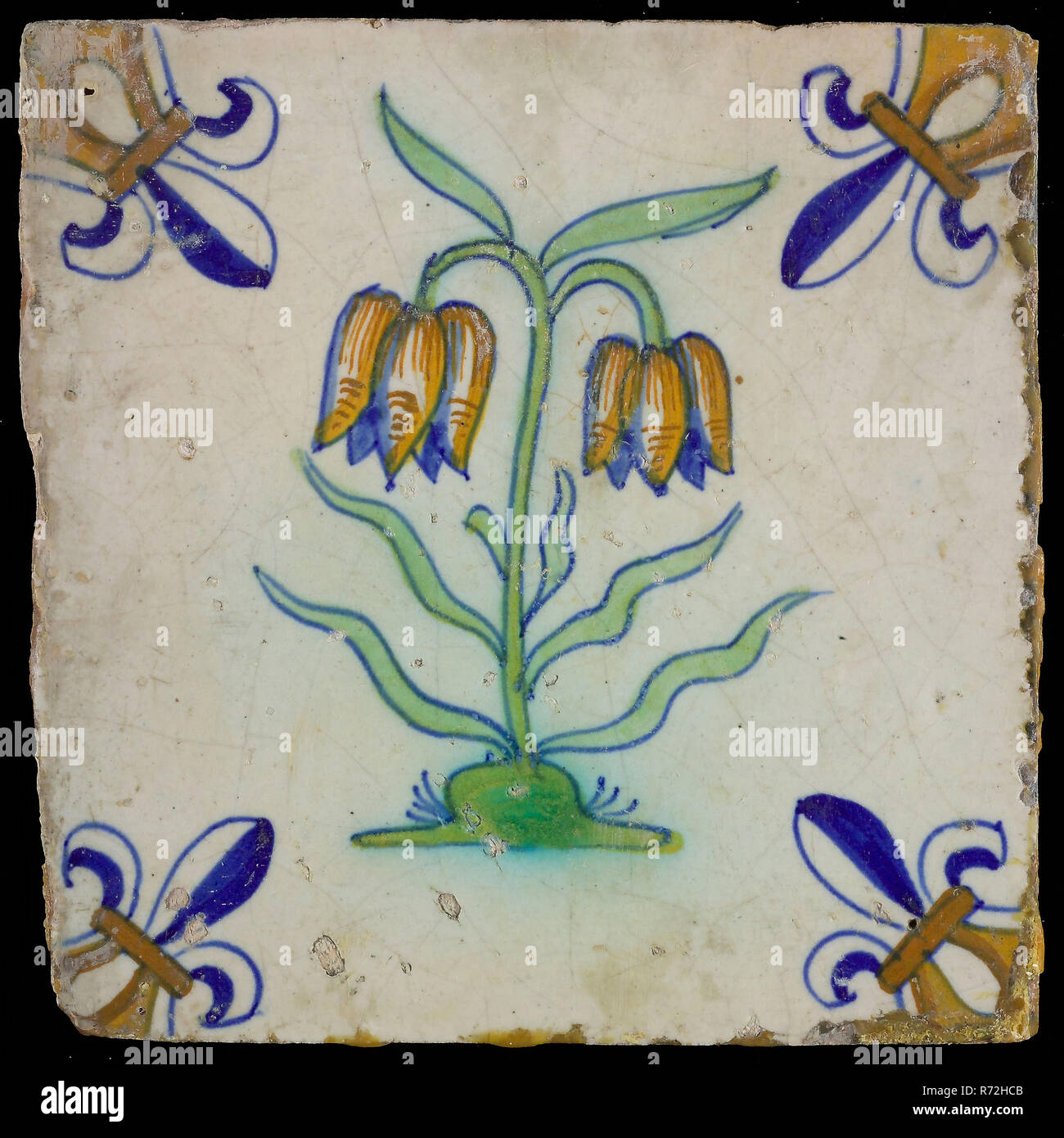 Flower Tile, green, blue, yellow and brown on white ground, two tulip ...