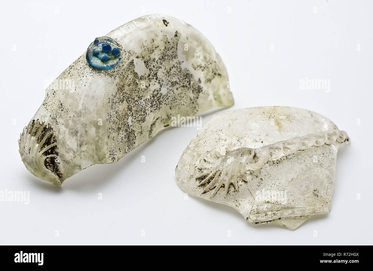 Two fragments of foot, bottom and part of the wall of cup with blue ...