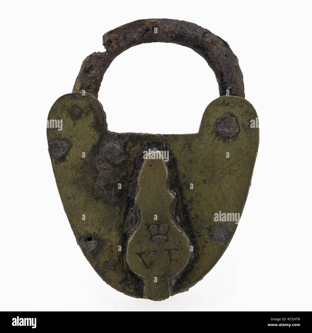 Small padlock with copper body and iron bracket with closing plate for ...