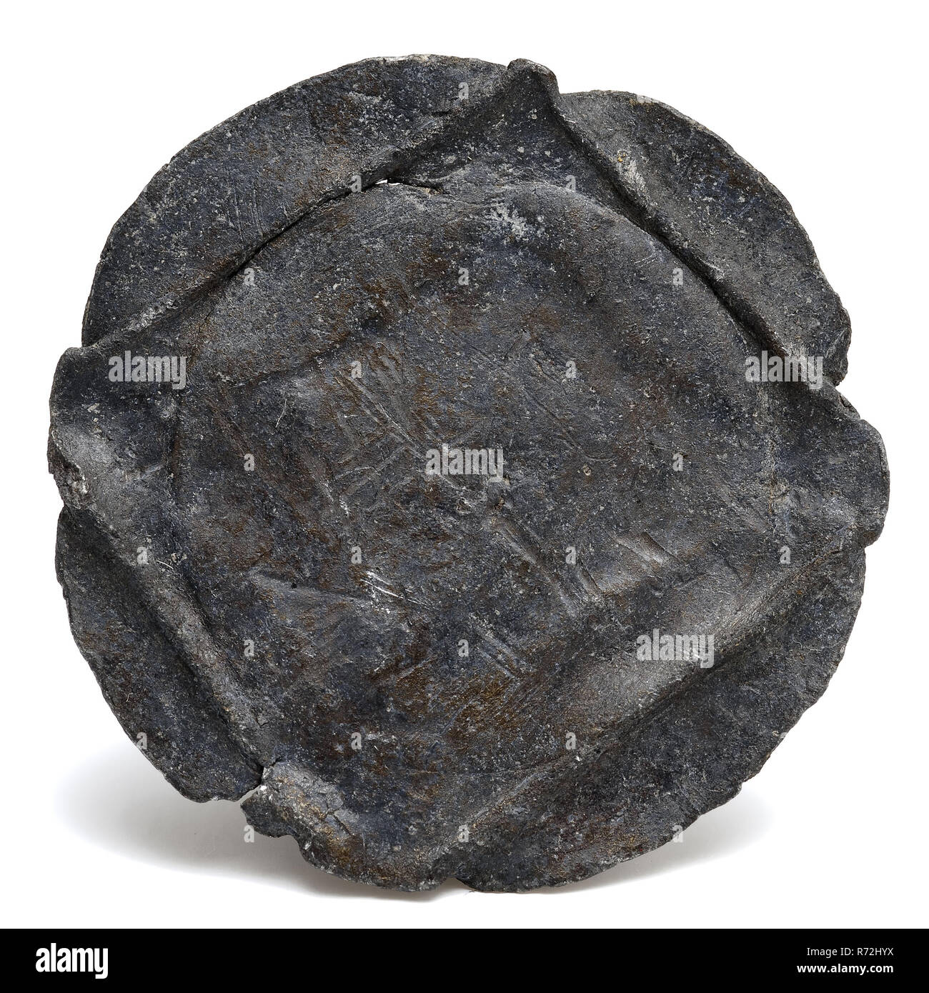 Pewter disc, round with square in the middle, disc artifact soil find ...