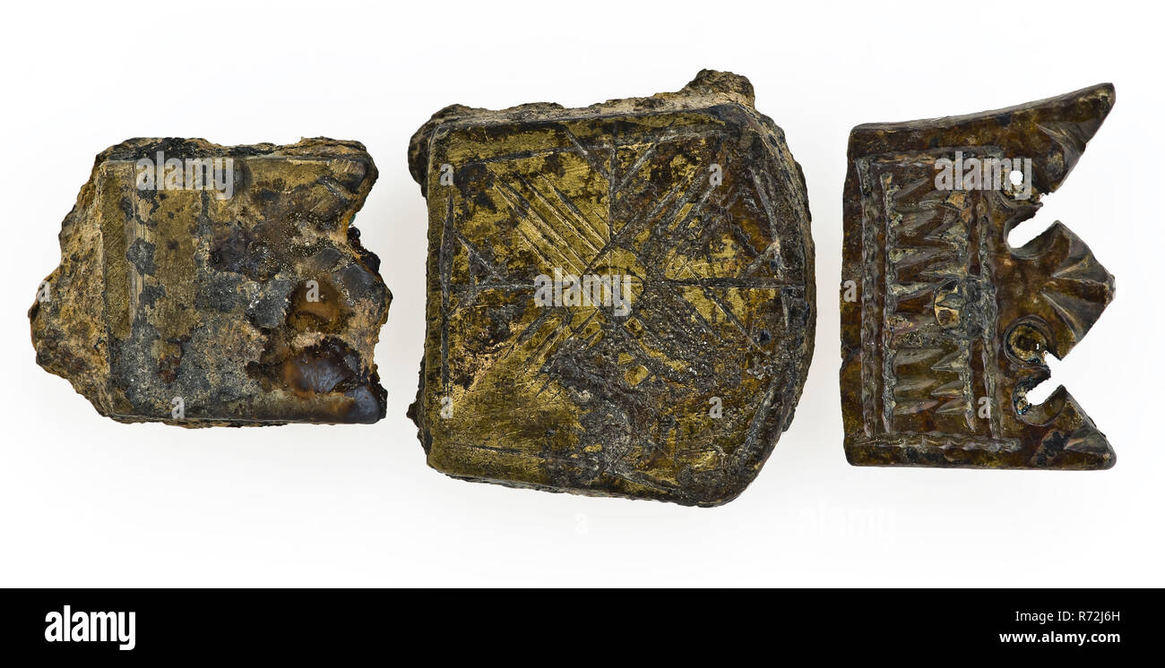 Three brass handle covers, knuckle fittings, knife cutlery cutting tool ...