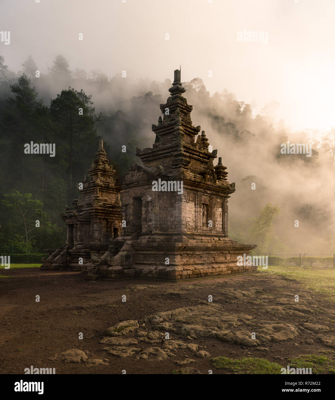 Candi Gedong Songo at sunrise. A 9th-century Buddhist temple complex on ...
