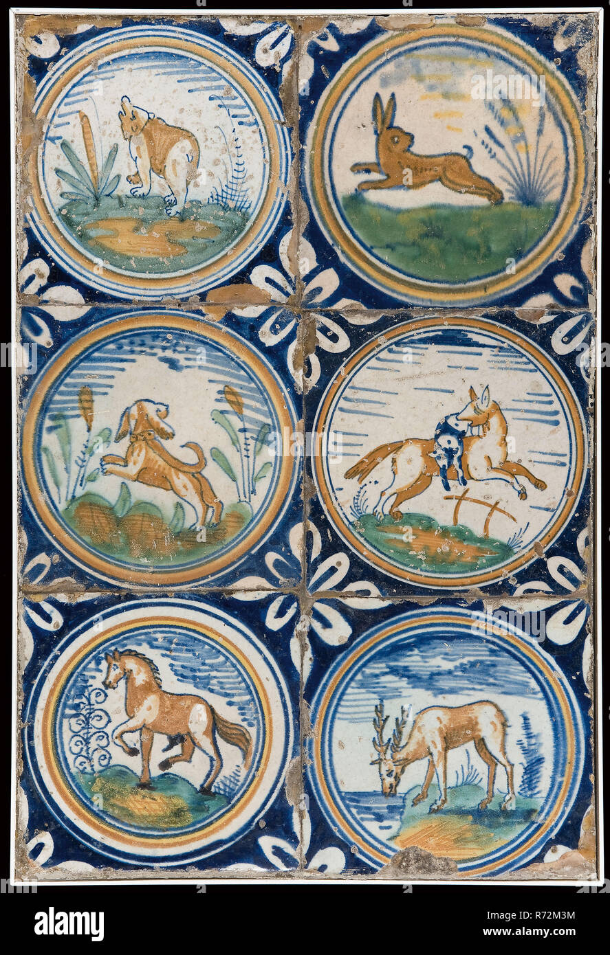 Tile field, six tiles, animal decor in circular band, corner motif ...