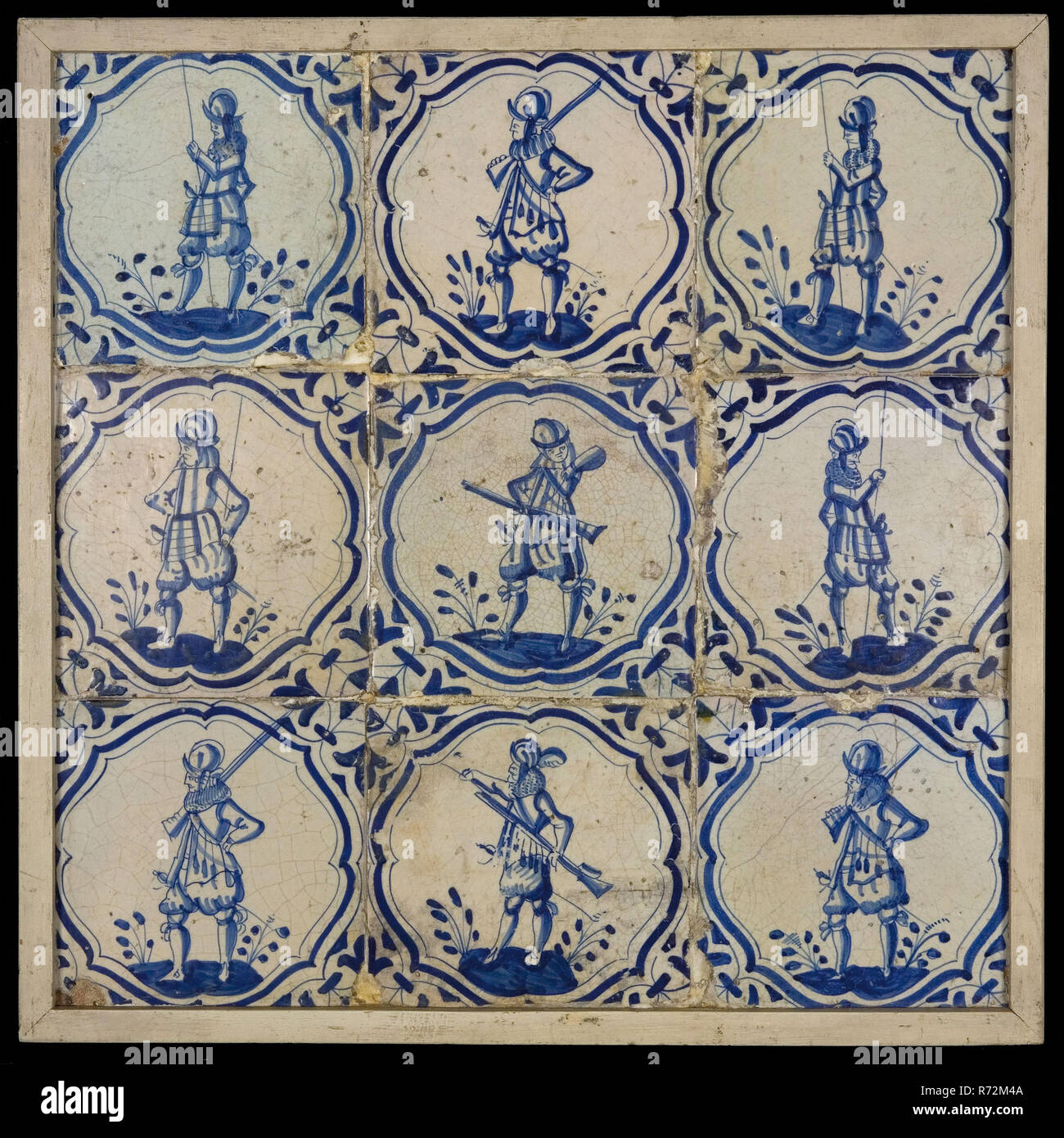 Tile field, nine tiles, blue on white, soldiers in brace frame, corner ...